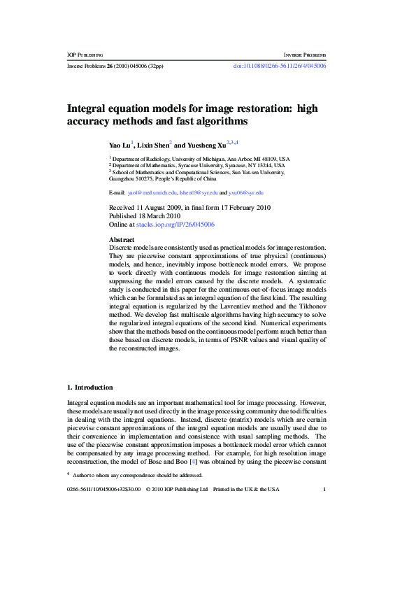 (PDF) Integral equation models for image restoration: high accuracy ...