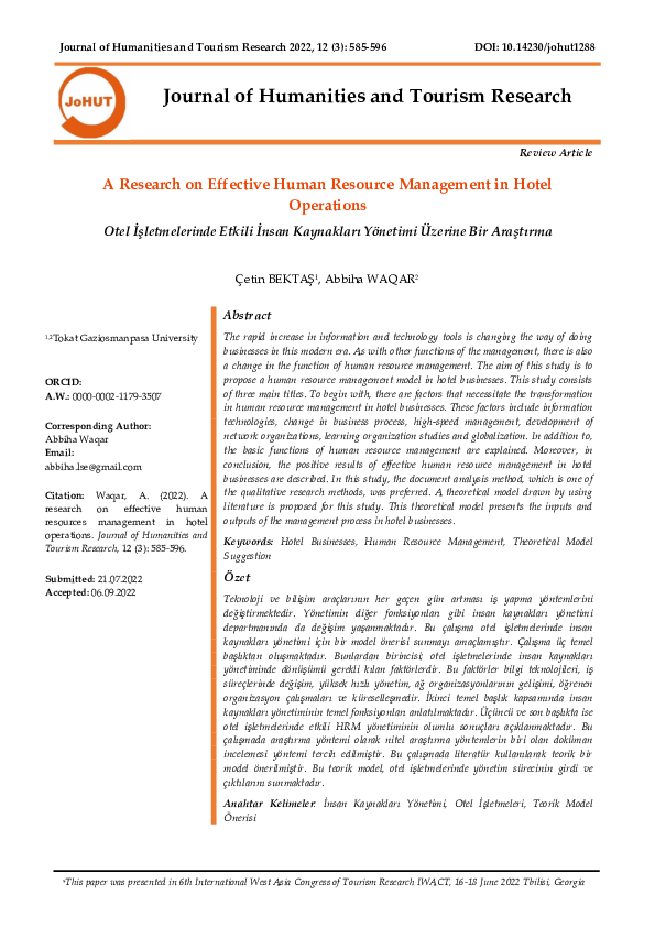 (PDF) A Research on Effective Human Resource Management in Hotel Operations