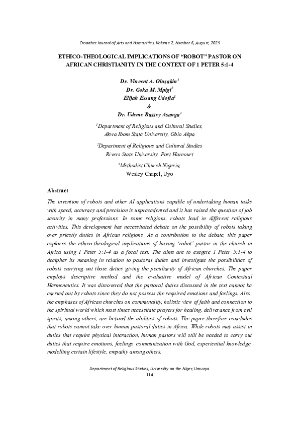 (PDF) ETHICO-THEOLOGICAL IMPLICATIONS OF "ROBOT" PASTOR ON AFRICAN ...