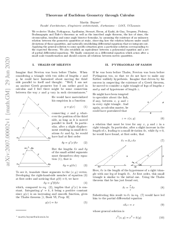 (PDF) Theorems of Euclidean Geometry Through Calculus