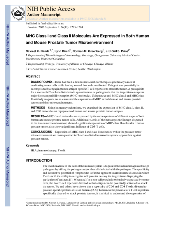 (PDF) MHC class I and class II molecules are expressed in both human and mouse prostate tumor ...