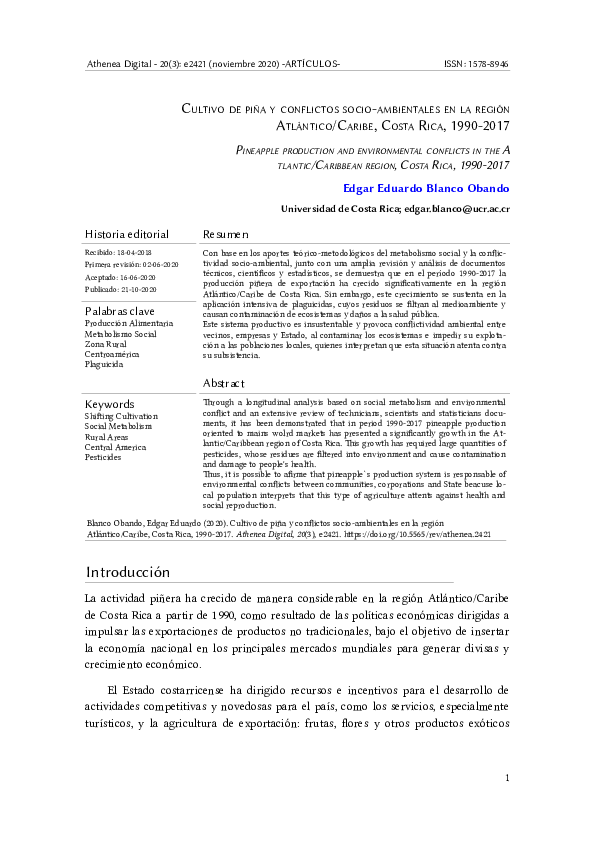 (PDF) Cultivo de piña y conflictos socio-ambientales en la región ...