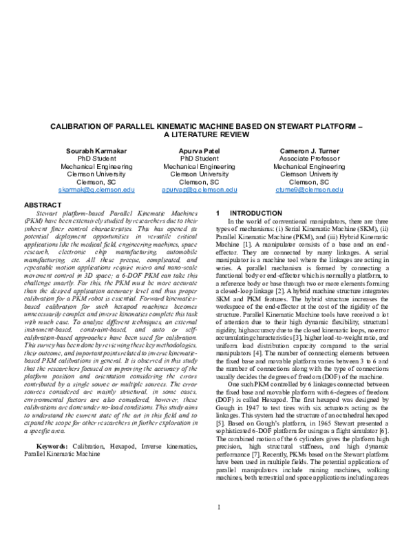 (PDF) Calibration of Parallel Kinematic Machine Based on Stewart Platform – A Literature Review