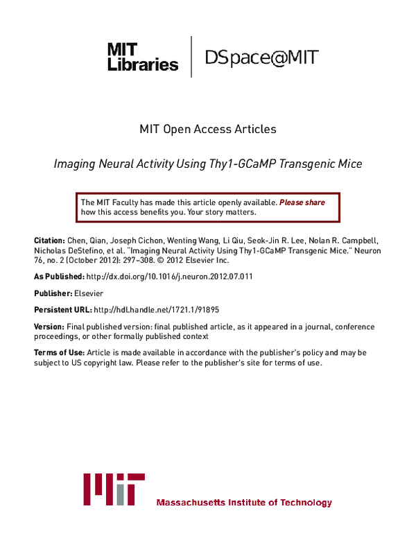 (PDF) Imaging Neural Activity Using Thy1-GCaMP Transgenic Mice