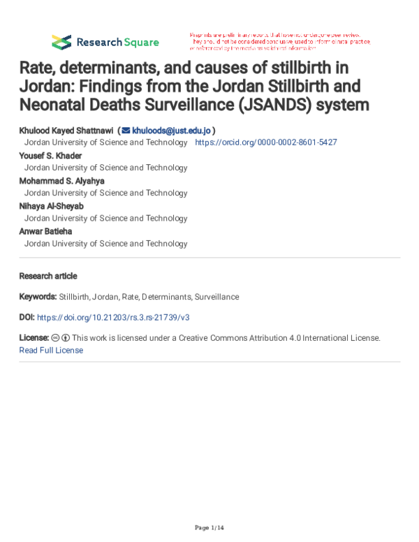 (PDF) Rate, determinants, and causes of stillbirth in Jordan: Findings ...