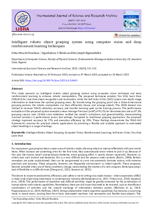 (PDF) Intelligent robotic object grasping system using computer vision and deep reinforcement ...