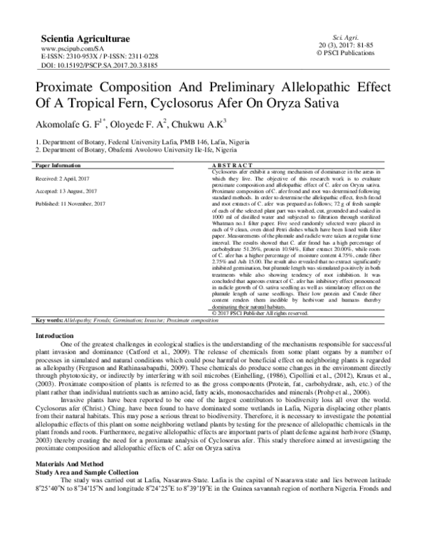 (PDF) Proximate Composition And Preliminary Allelopathic Effect Of A ...