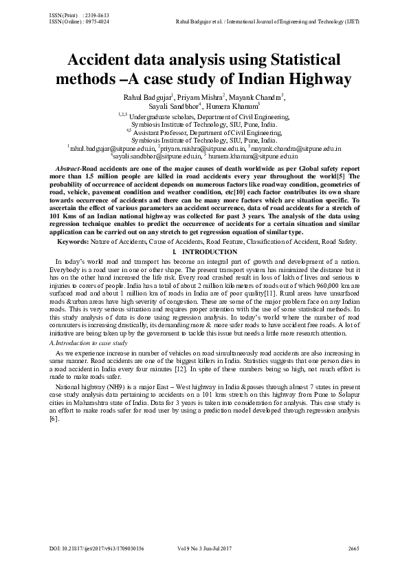 (PDF) Accident data analysis using Statistical methods –A case study of Indian Highway