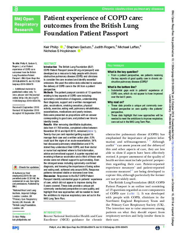 (PDF) Patient experience of COPD care: outcomes from the British Lung ...