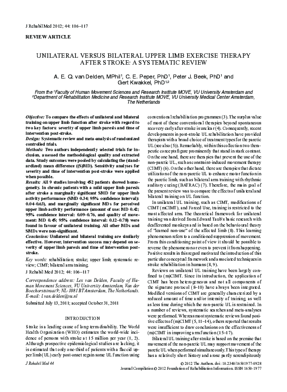(PDF) Unilateral versus bilateral upper limb exercise therapy after ...