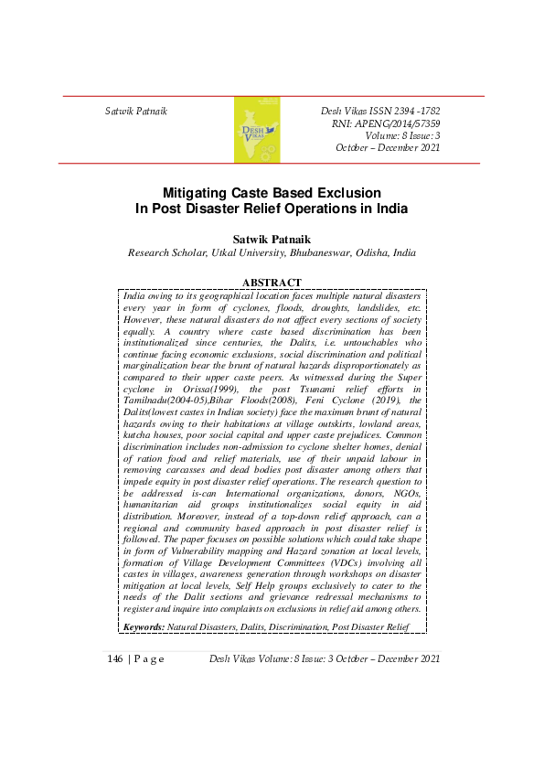 (PDF) Mitigating Caste Based Exclusion In Post Disaster Relief ...
