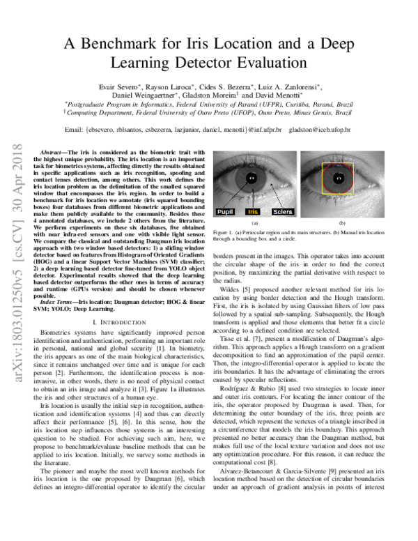 (PDF) A Benchmark for Iris Location and a Deep Learning Detector Evaluation