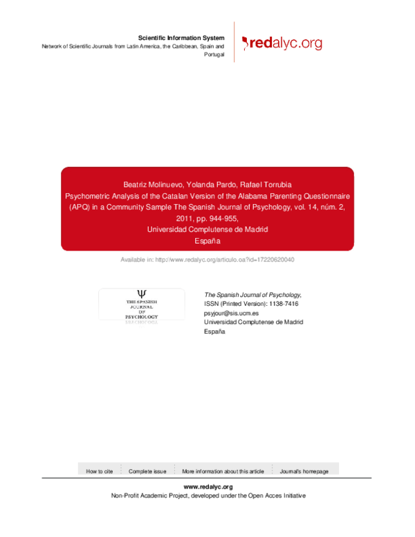 (PDF) Psychometric Analysis of the Catalan Version of the Alabama Parenting Questionnaire (APQ ...