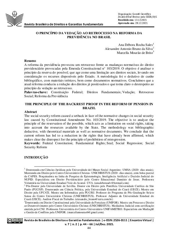 (PDF) O Princípio Da Vedação Ao Retrocesso Na Reforma Da Previdência No ...