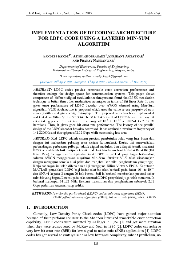 (PDF) Implementation of Layered Decoding Architecture for LDPC Code using Layered Min-Sum Algorithm