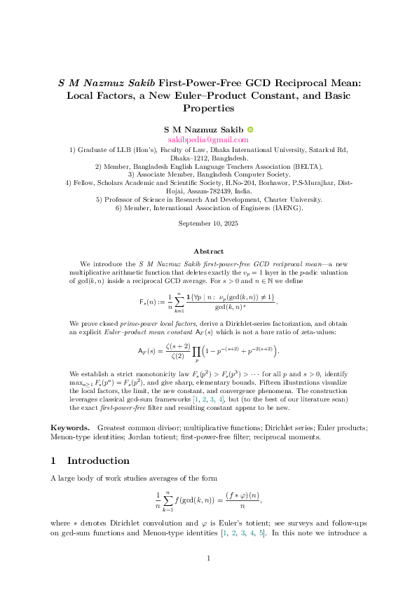 (PDF) S M Nazmuz Sakib First-Power-Free GCD Reciprocal Mean: Local Factors, a New Euler–Product ...