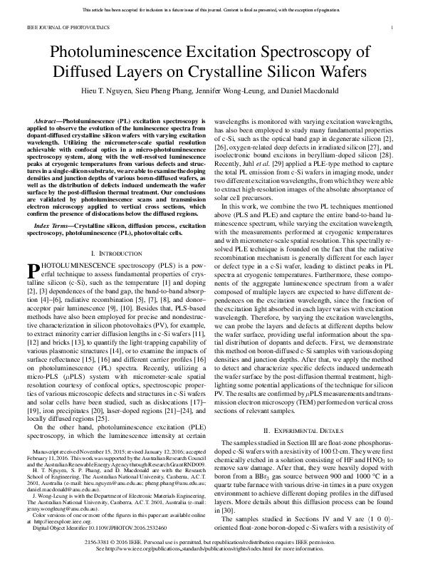 (PDF) Photoluminescence Excitation Spectroscopy of Diffused Layers on Crystalline Silicon Wafers