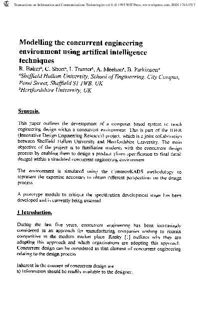 (PDF) Modelling The Concurrent Engineering Environment Using Artifical ...
