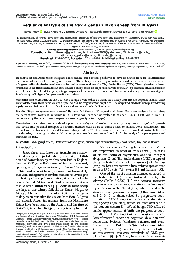 (PDF) Sequence analysis of the Hex A gene in Jacob sheep from Bulgaria