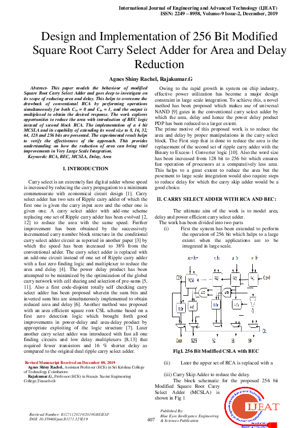 (PDF) Design and Implementation of 256 Bit Modified Square Root Carry Select Adder for Area and ...