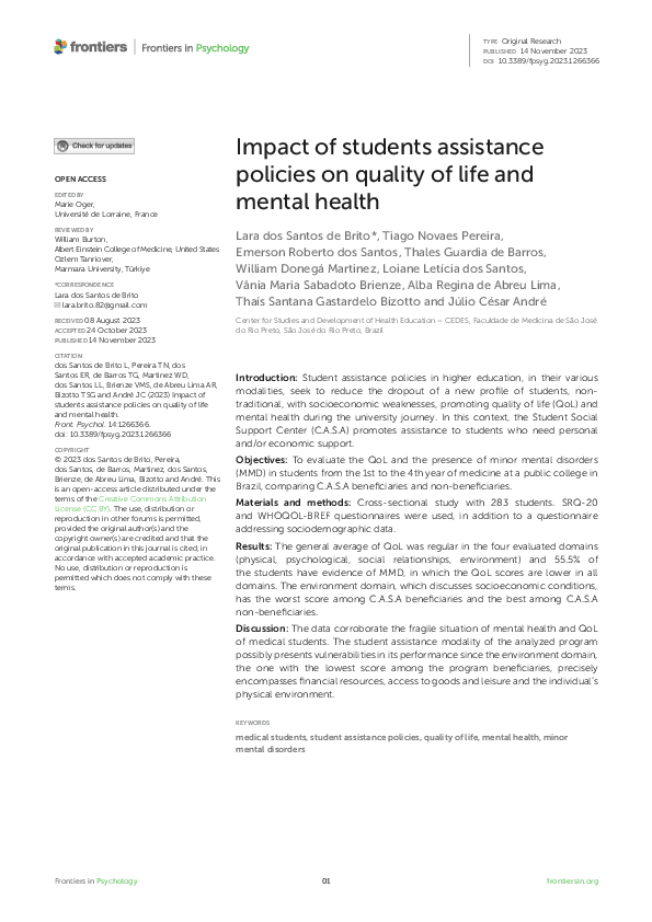 (PDF) Impact of students assistance policies on quality of life and ...