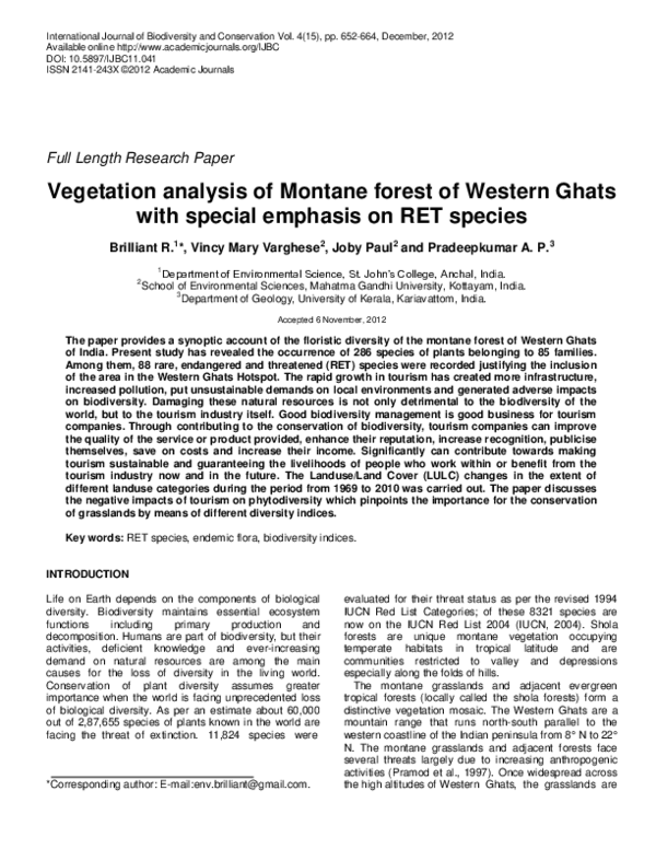 (PDF) Vegetation analysis of Montane forest of Western Ghats with ...