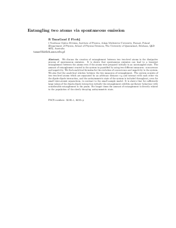 (PDF) Entangling two atoms via spontaneous emission