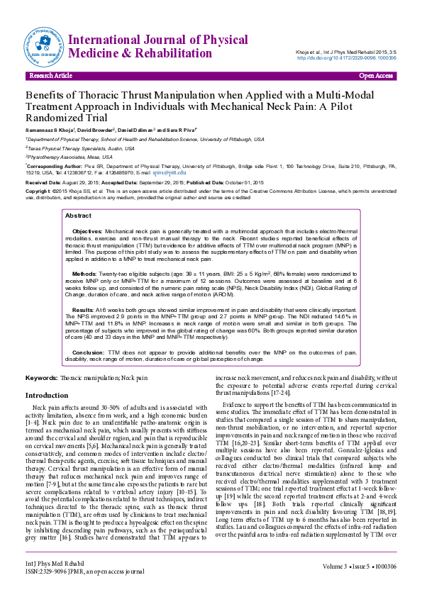 (PDF) Benefits of Thoracic Thrust Manipulation when Applied with a ...