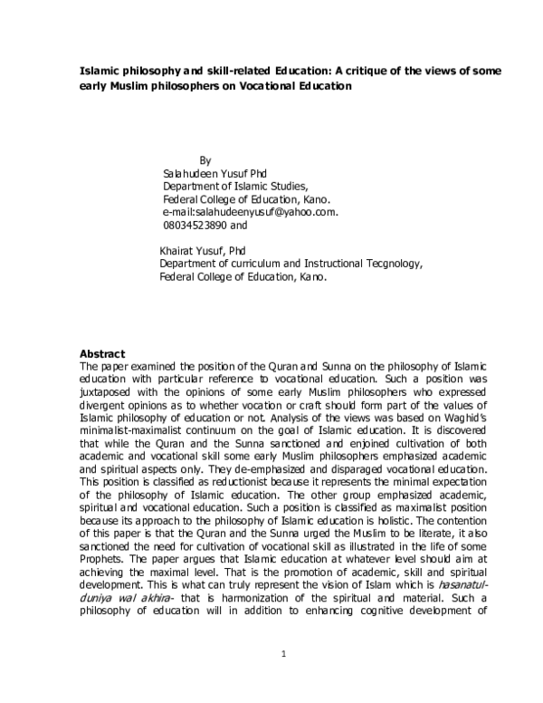(PDF) Islamic philosophy and skill-related Education: A critique of the ...