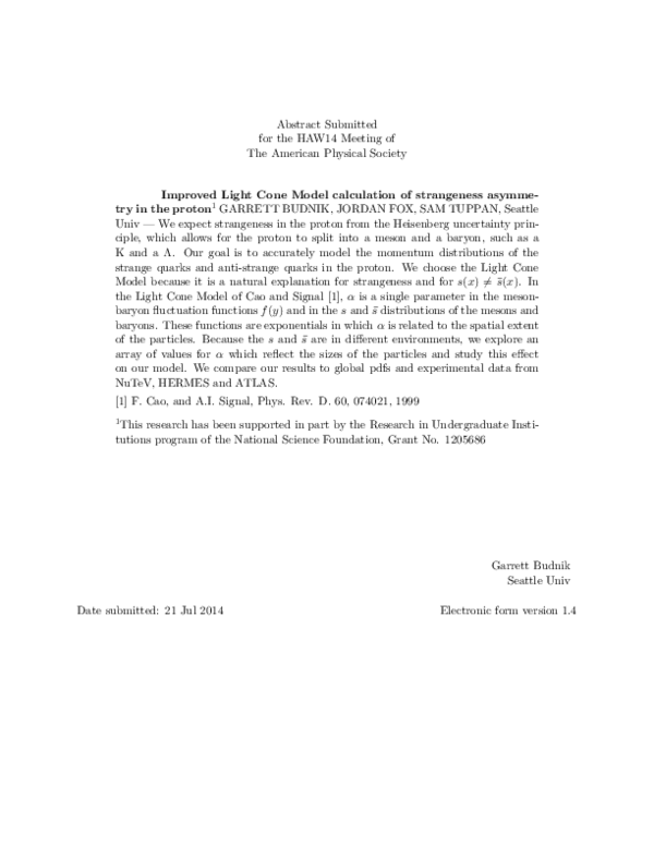 (PDF) Improved Light Cone Model calculation of strangeness asymmetry in ...