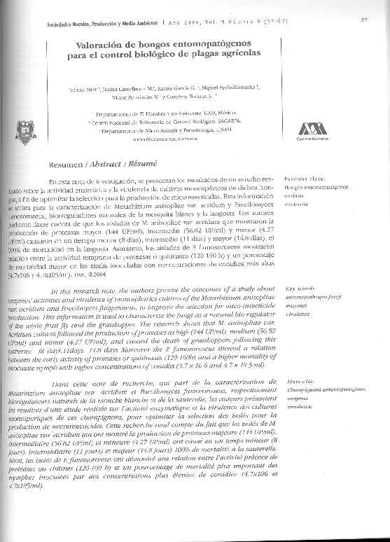 (PDF) Valoración de hongos entomopatógenos para el control biológico de ...