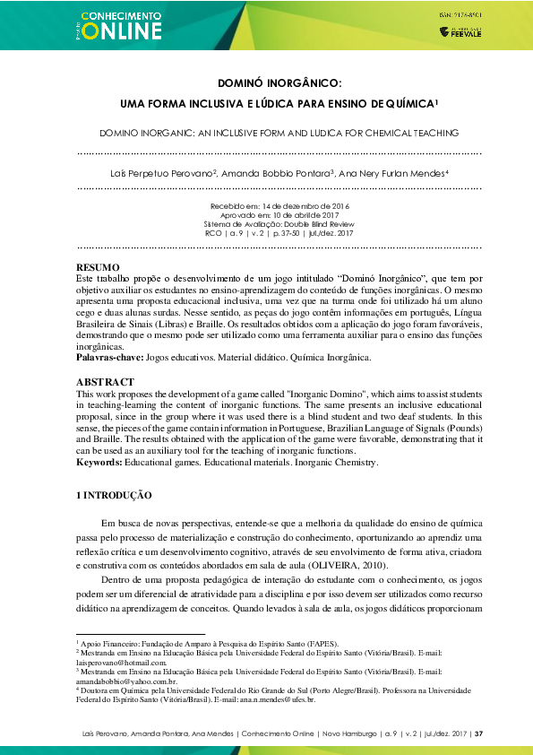 (PDF) Dominó Inorgânico: Uma Forma Inclusiva e Lúdica Para Ensino De Química