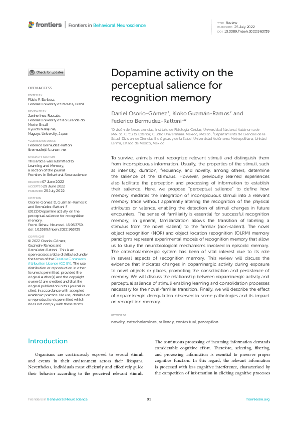 (PDF) Dopamine activity on the perceptual salience for recognition memory