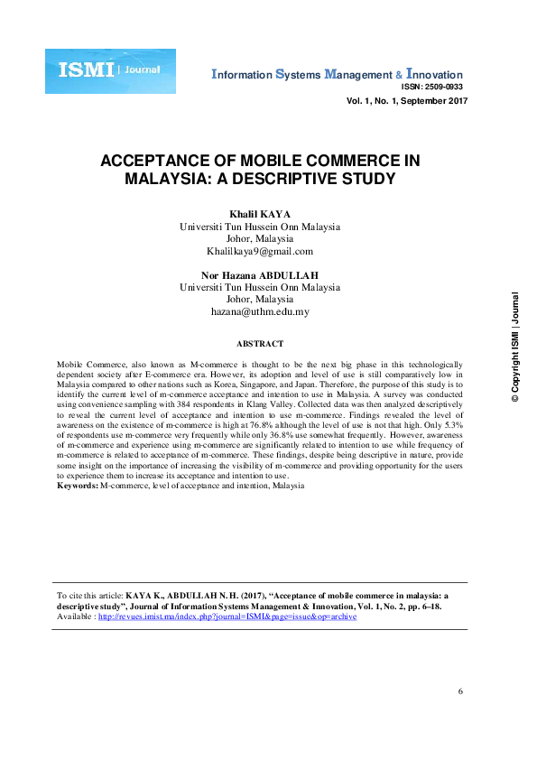 (PDF) Acceptance of mobile commerce in Malaysia: A descriptive study