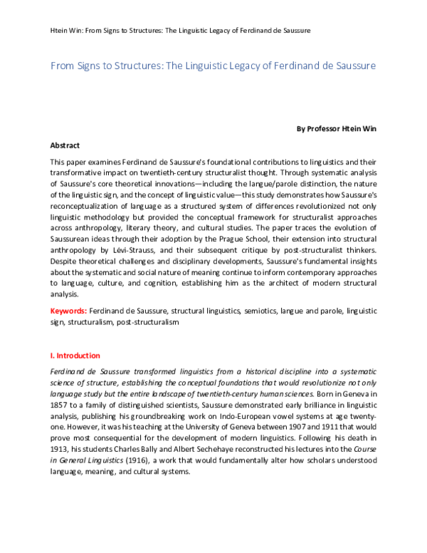 (PDF) From Signs to Structures: The Linguistic Legacy of Ferdinand de ...