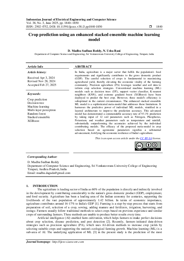 (PDF) Crop prediction using an enhanced stacked ensemble machine learning model