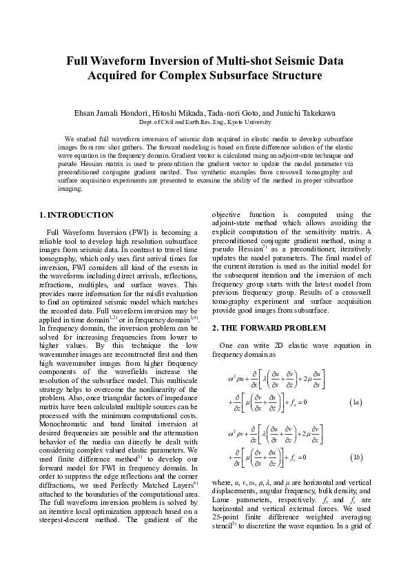 (PDF) Full Waveform Inversion of Multi-shot Seismic Data Acquired for Complex Subsurface Structure