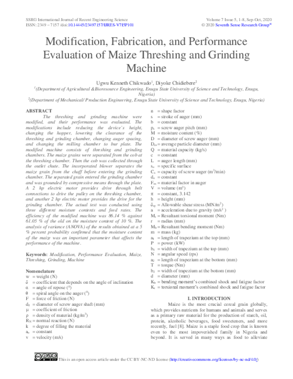 (PDF) Modification, Fabrication, and Performance Evaluation of Maize ...