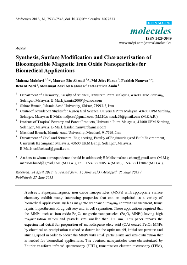 (PDF) Synthesis, Surface Modification and Characterisation of ...