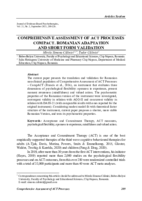 (PDF) Comprehensive Assessment of ACT Processes CompACT. Romanian ...
