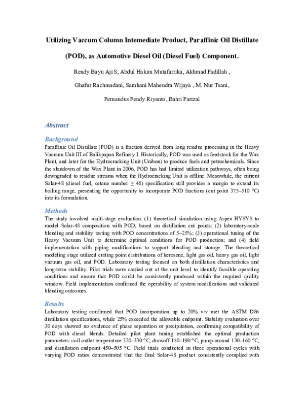 (PDF) Utilizing Vaccum Column Intemediate Product, Paraffinic Oil ...