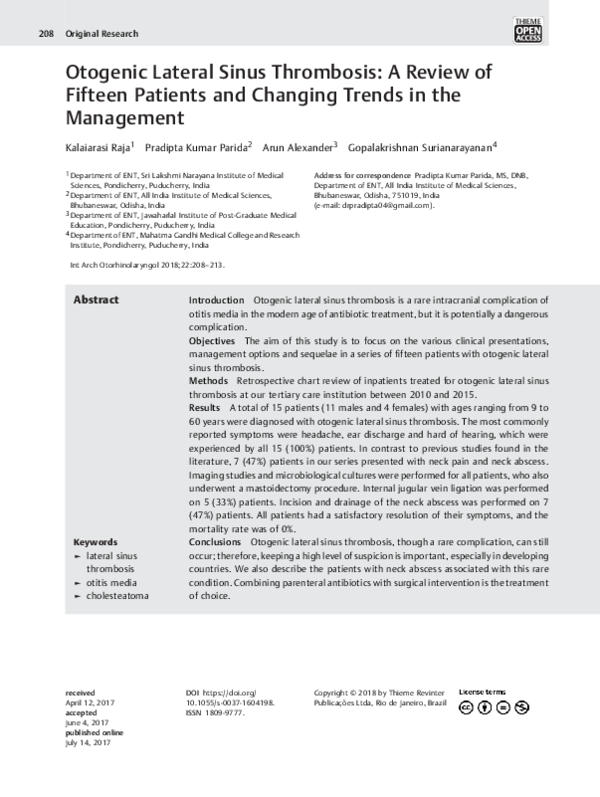 (PDF) Otogenic Lateral Sinus Thrombosis: A Review of Fifteen Patients ...