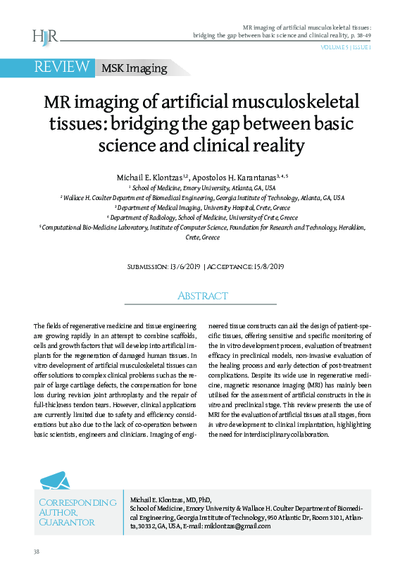 (PDF) MR imaging of artificial musculoskeletal tissues: bridging the ...