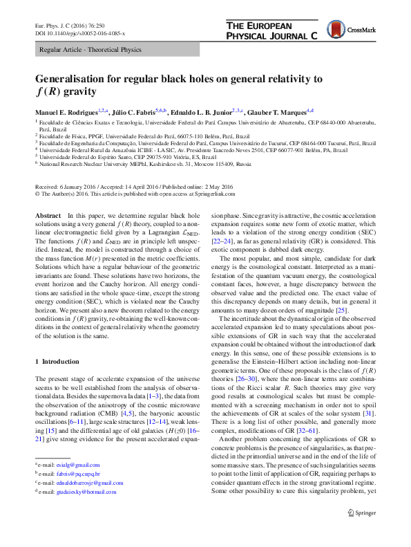 (PDF) Generalisation for regular black holes on general relativity to f(R) gravity