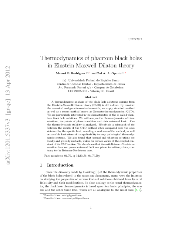 (PDF) Thermodynamics of phantom black holes in Einstein-Maxwell-dilaton ...