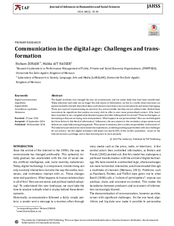 (PDF) Communication in the digital age: Challenges and transformation
