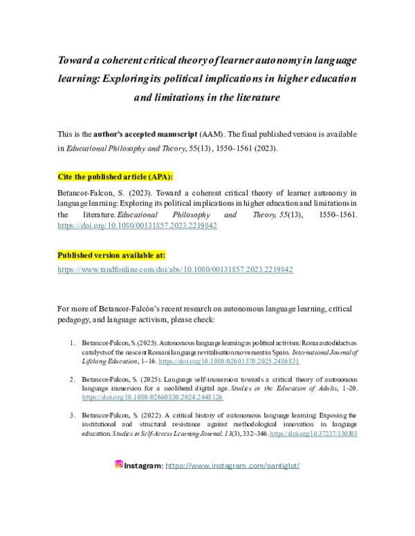 (PDF) Toward a coherent critical theory of learner autonomy in language learning: Exploring its ...