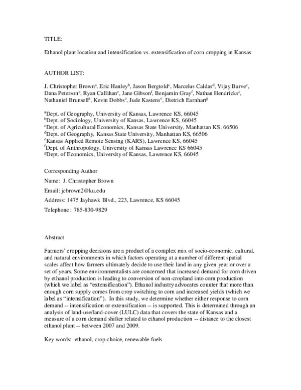 (PDF) Ethanol plant location and intensification vs. extensification of ...