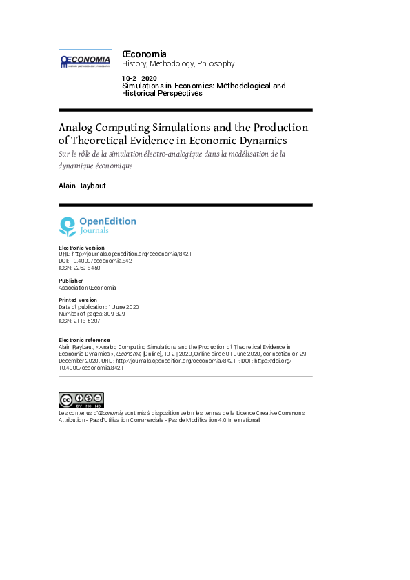 (PDF) Analog Computing Simulations and the Production of Theoretical Evidence in Economic Dynamics