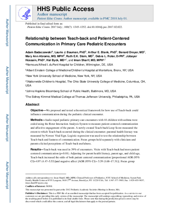 (PDF) Relationship between Teach-back and patient-centered ...